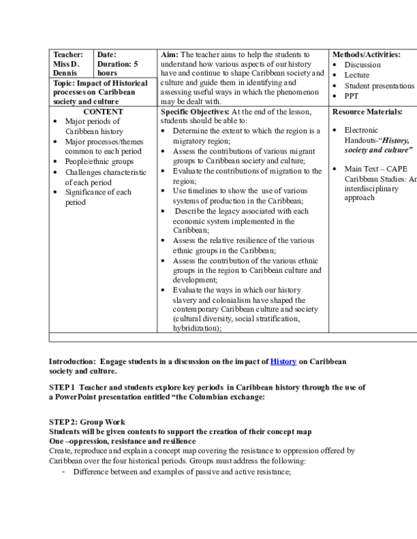 (DOC) Caribbean STUDIES LESSON PLAN