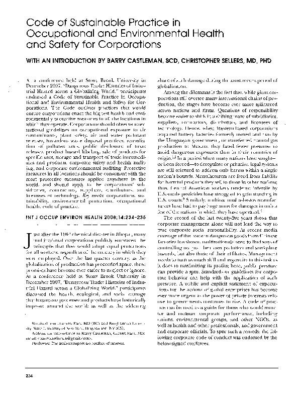 (PDF) Code of Sustainable Practice in Occupational and Environmental ...
