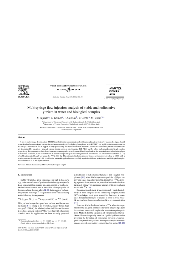(PDF) Multisyringe flow injection analysis of stable and radioactive yttrium in water and ...