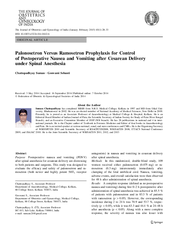 Palonosetron Versus Ramosetron Prophylaxis for Control of Postoperative ...