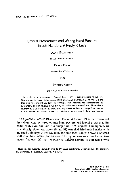 (PDF) Lateral preferences and writing hand posture in left-handers: A ...