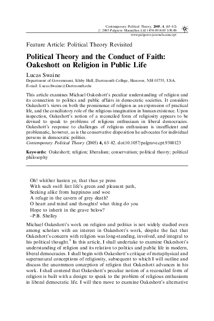 (PDF) Political Theory and the Conduct of Faith: Oakeshott on Religion ...