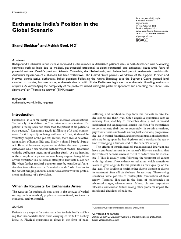 (PDF) Euthanasia: India's Position in the Global Scenario