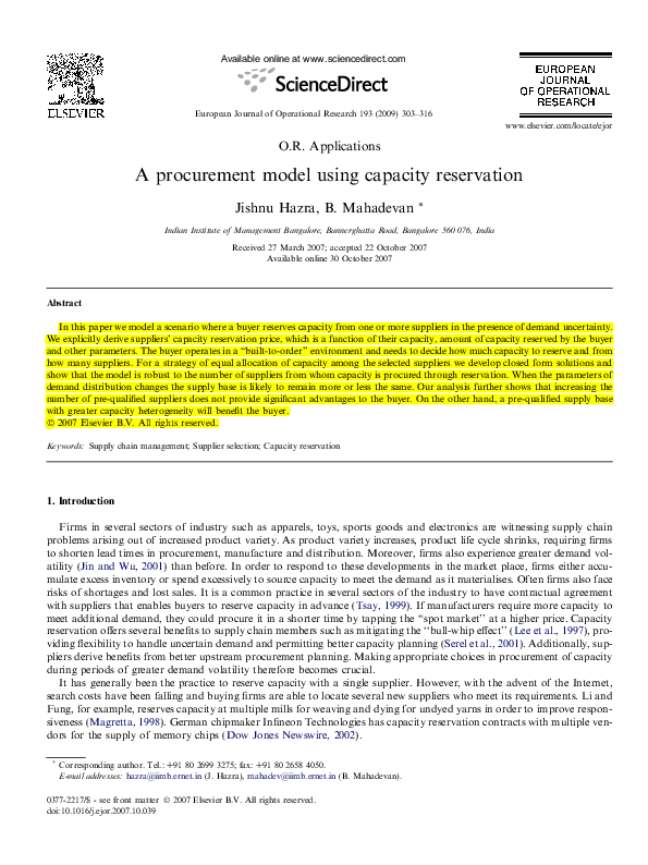 (PDF) A procurement model using capacity reservation
