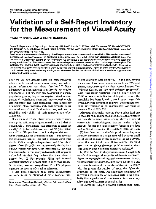 (PDF) Validation of a Self-Report Inventory for the Measurement of Visual Acuity