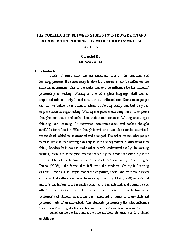 (DOC) THE CORRELATION BETWEEN STUDENTS' INTROVERSION AND EXTROVERSION PERSONALITY WITH STUDENTS ...