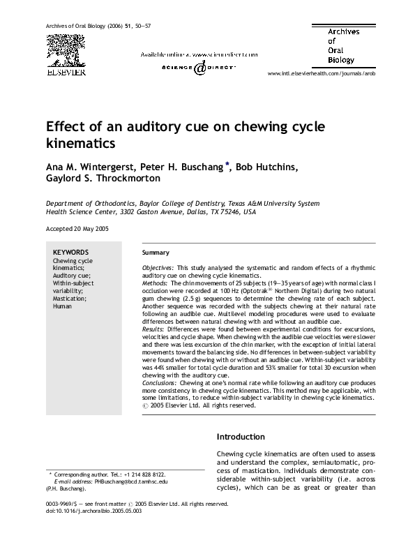 (PDF) Effect of an auditory cue on chewing cycle kinematics | Gaylord ...