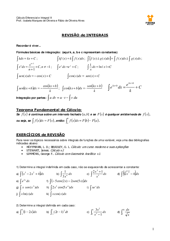 (PDF) Integrais duplas - revisão integrais simples