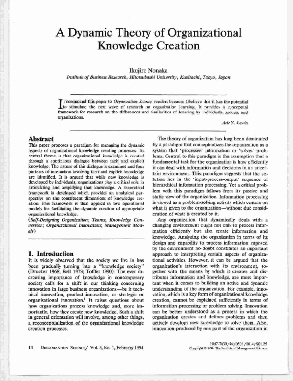 Pdf A Dynamic Theory Of Organizational Knowledge Creation