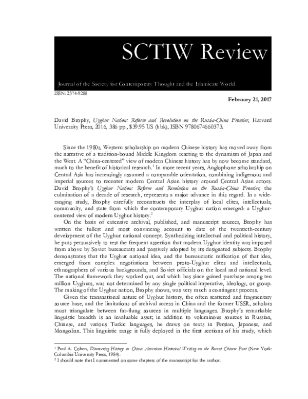 (PDF) Review of David Brophy, "Uyghur Nation: Reform and Revolution on ...