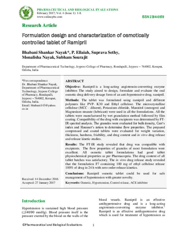 (PDF) Formulation design and characterization of osmotically controlled tablet of Ramipril
