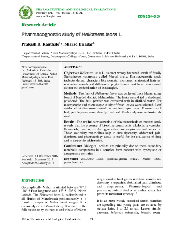 (PDF) Pharmacognostic study of Helicteres isora L