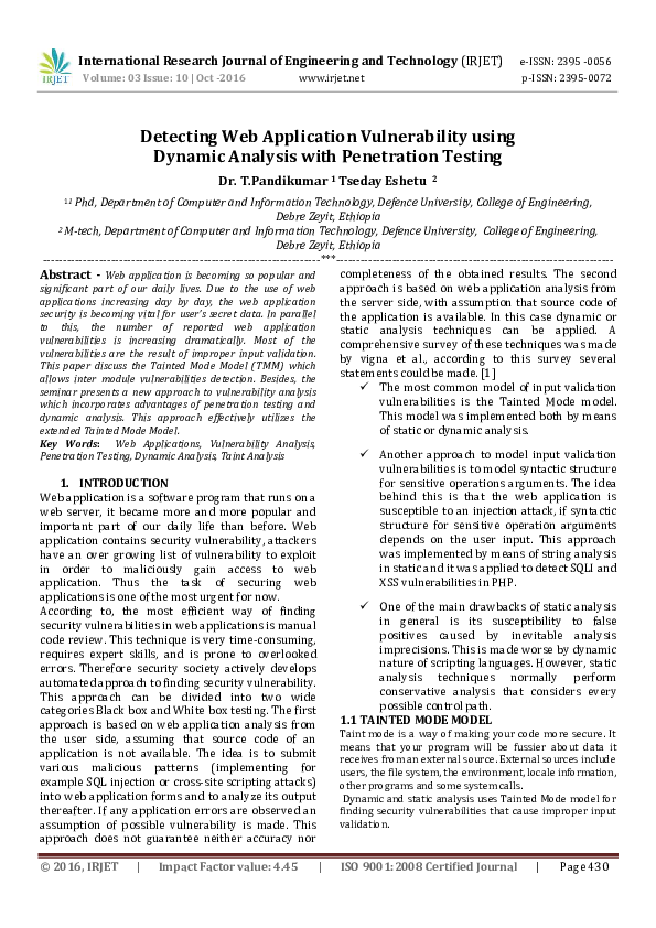 Pdf Irjet Detecting Web Application Vulnerability Using Dynamic Analysis With Penetration Testing