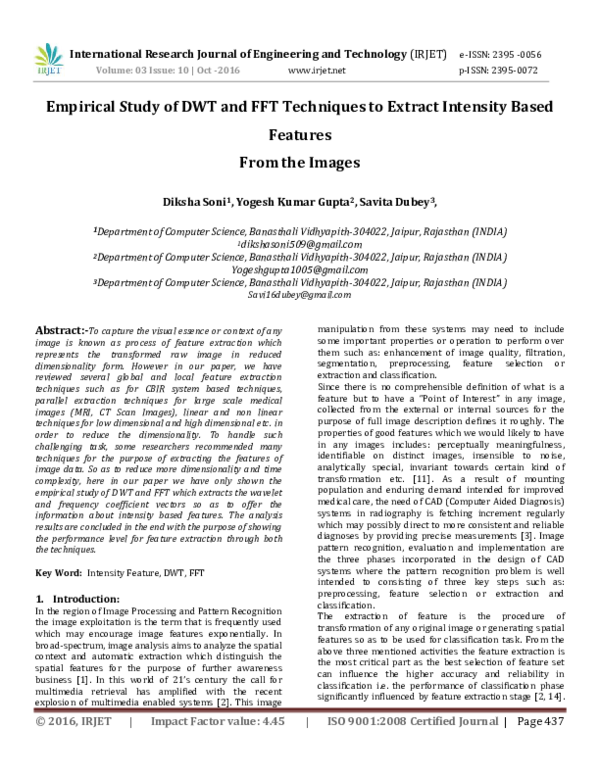 (PDF) IRJET-Empirical Study of DWT and FFT Techniques to Extract Intensity Based Features From ...