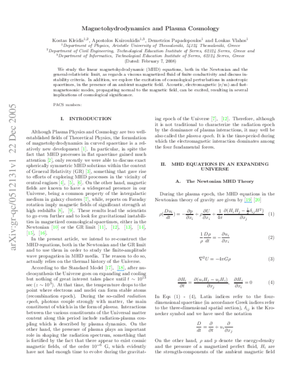 (PDF) Magnetohydrodynamics and Plasma Cosmology