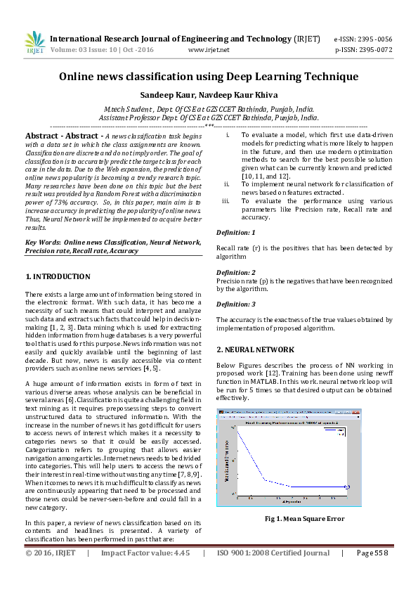 (PDF) IRJET-Online news classification using Deep Learning Technique