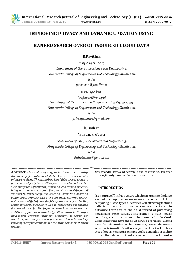(PDF) IRJET-IMPROVING PRIVACY AND DYNAMIC UPDATION USING RANKED SEARCH OVER OUTSOURCED CLOUD DATA