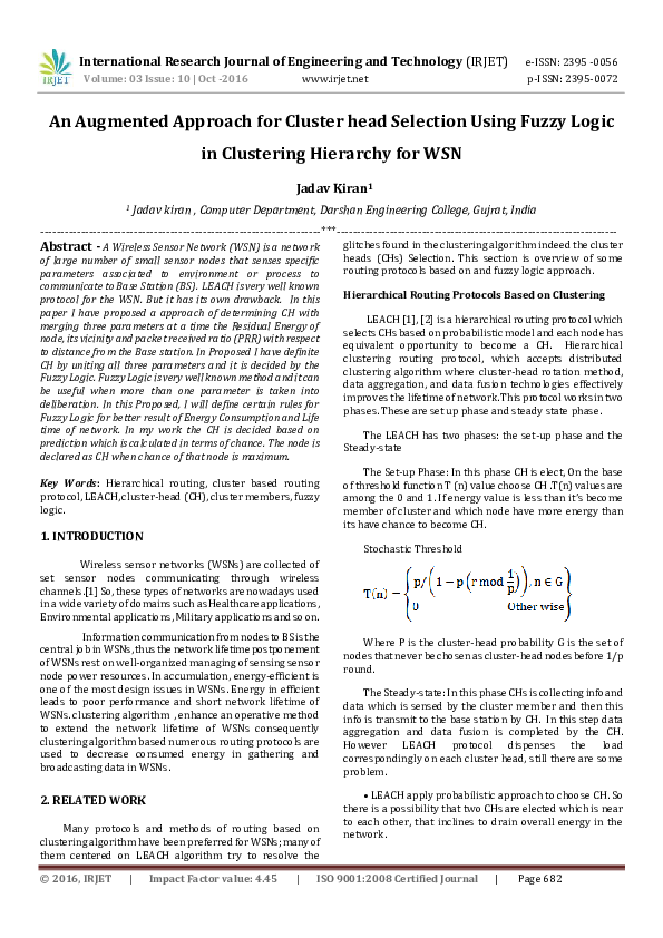 (PDF) IRJET-An Augmented Approach for Cluster head Selection Using Fuzzy Logic in Clustering ...
