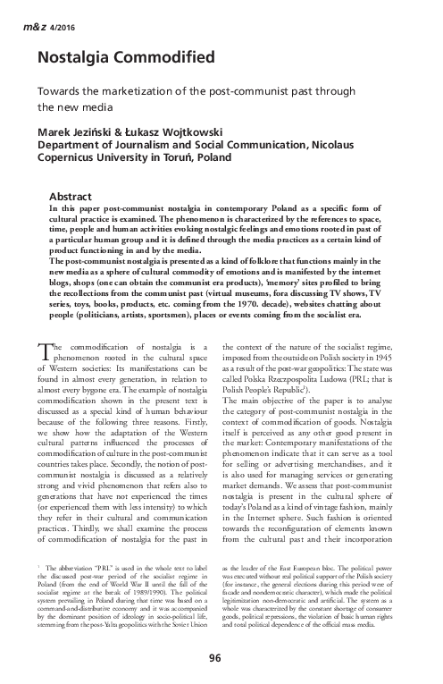 (PDF) Nostalgia Commodified. Towards the marketization of the post ...