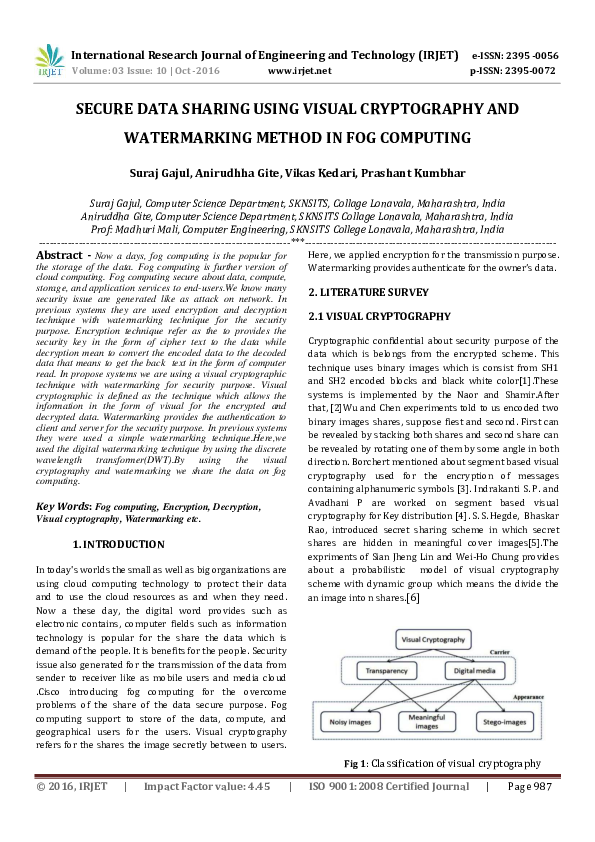 Pdf Irjet Secure Data Sharing Using Visual Cryptography And Watermarking Method In Fog Computing