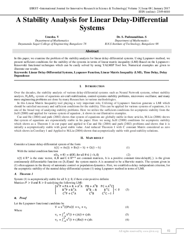 (PDF) A Stability Analysis for Linear Delay-Differential Systems | IJIRST - International ...