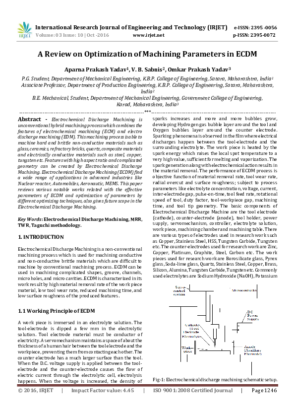 Pdf Irjet A Review On Optimization Of Machining Parameters In Ecdm