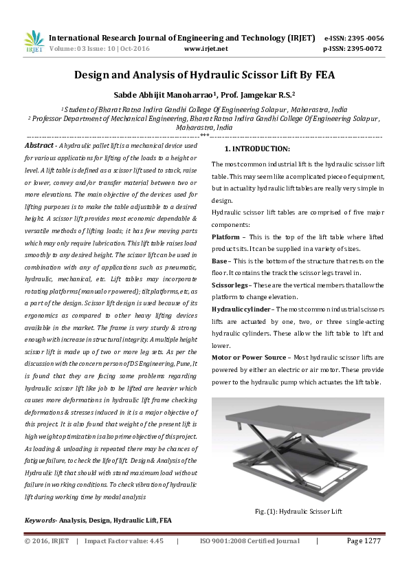 (PDF) IRJET-Design and Analysis of Hydraulic Scissor Lift By FEA