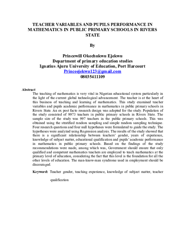 (DOC) TEACHER VARIABLES AND PUPILS PERFORMANCE IN MATHEMATICS IN PUBLIC ...