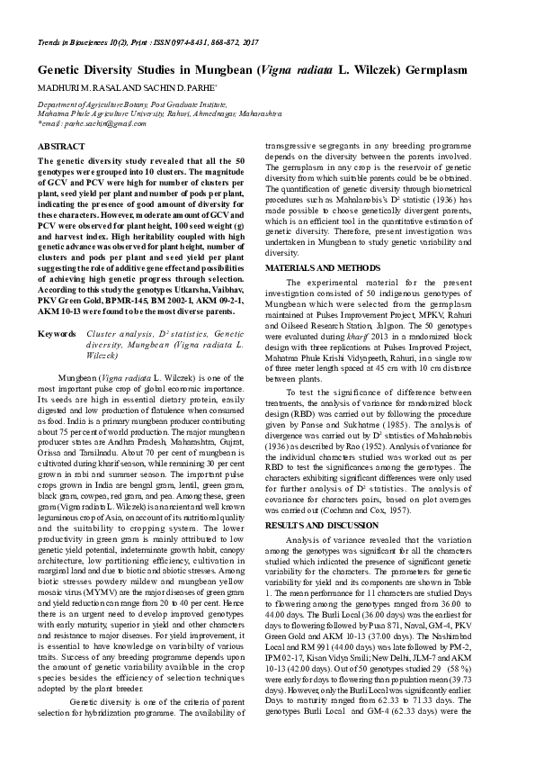 (PDF) Genetic Diversity Studies in Mungbean (Vigna radiata L. Wilczek) Germplasm