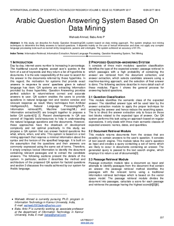 (PDF) Arabic Question Answering System Based On Data Mining