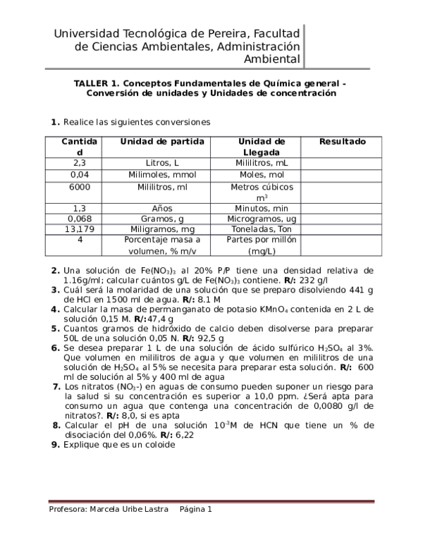 (DOC) TALLER 1. Conceptos Fundamentales de Química general - Conversión de unidades y Unidades ...