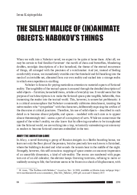 (PDF) THE SILENT MALICE OF (IN)ANIMATE OBJECTS: NABOKOV'S THINGS