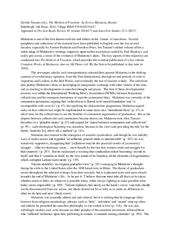 (PDF) Book review: Davide Turcato (ed.), The Method of Freedom: An ...