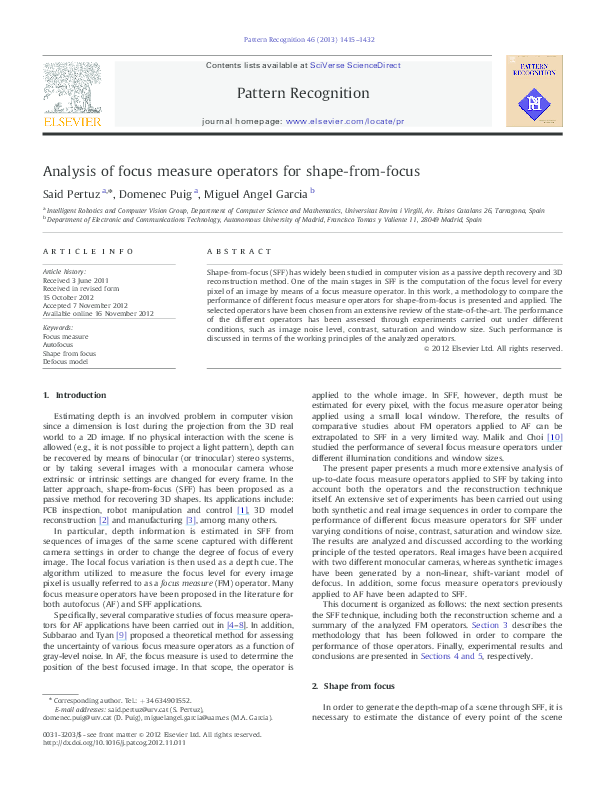 Pdf Analysis Of Focus Measure Operators For Shape From Focus 
