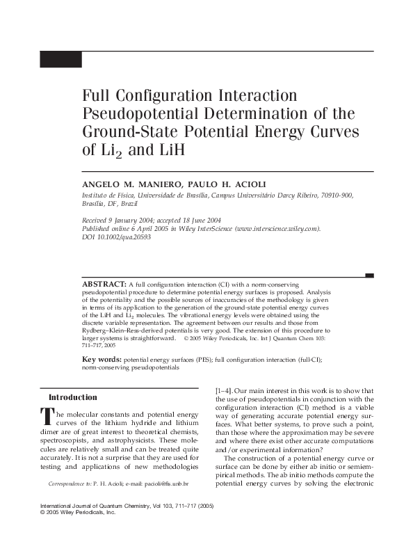 Pdf Full Configuration Interaction Pseudopotential Determination Of