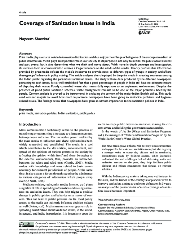 (PDF) Coverage of Sanitation Issues in India