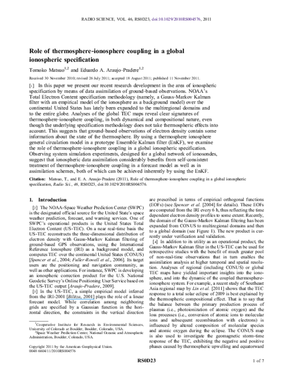 (PDF) Role of thermosphere-ionosphere coupling in a global ionospheric specification