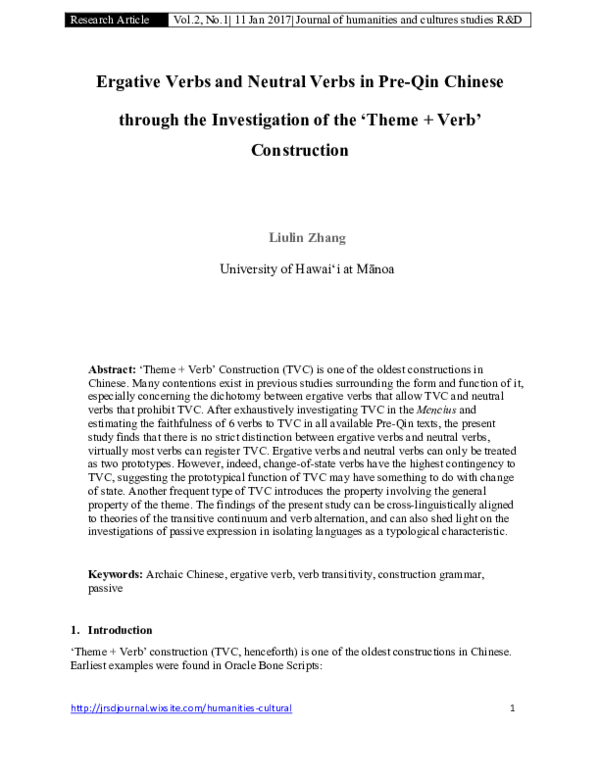 (PDF) Ergative Verbs and Neutral Verbs in Pre-Qin Chinese through the ...