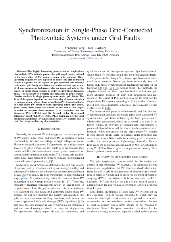 Pdf Synchronization In Single Phase Grid Connected Photovoltaic