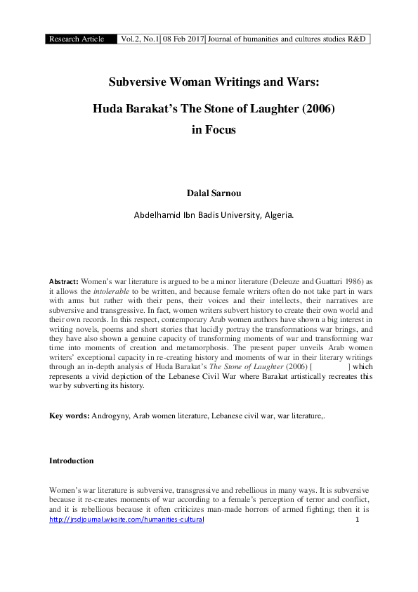 (PDF) Subversive Woman Writings and Wars: Huda Barakat's The Stone of ...