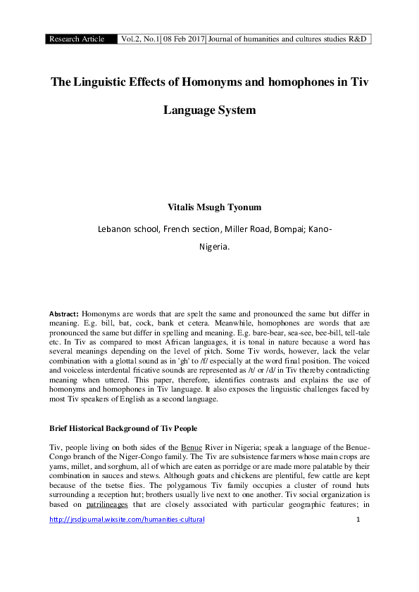 (PDF) The Linguistic Effects of Homonyms and homophones in Tiv Language ...