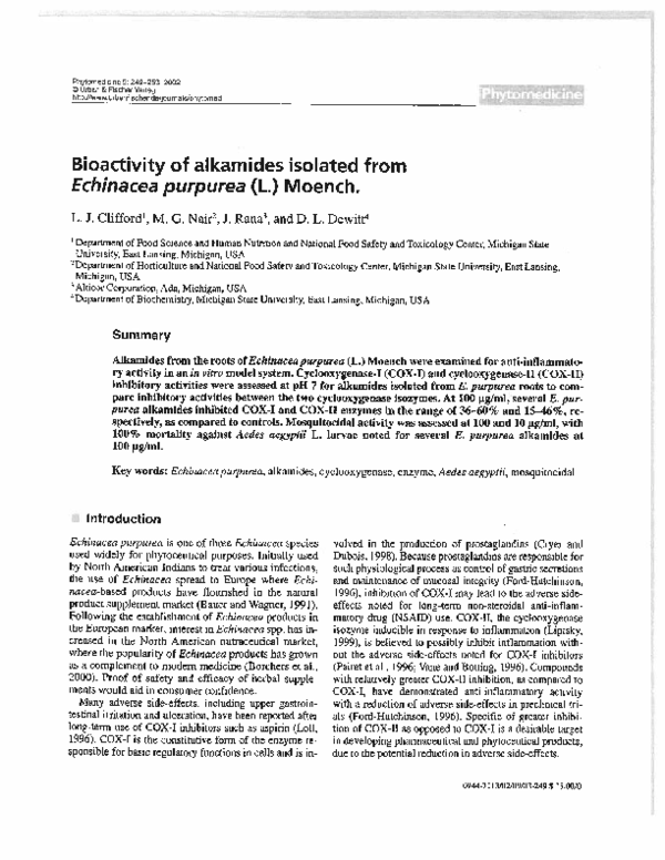 (PDF) Bioactivity of alkamides isolated from Echinacea purpurea (L.) Moench