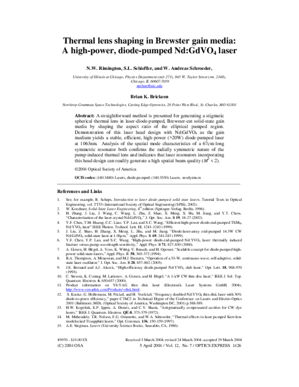 (PDF) Thermal lens shaping in Brewster gain media: A high-power, diode-pumped Nd:GdVO4 laser