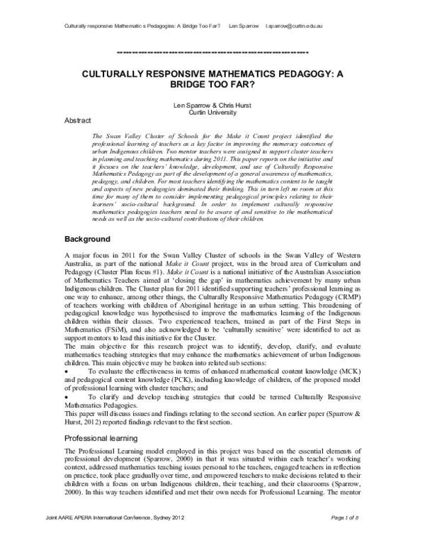 (PDF) Culturally Responsive Mathematics Pedagogy: A Bridge Too Far?