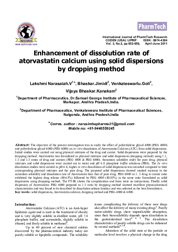 Pdf Enhancement Of Dissolution Rate Of Atorvastatin Calcium Using Solid Dispersions By