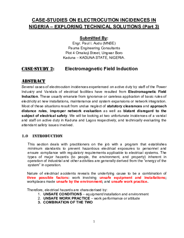(PDF) CASE-STUDIES ON ELECTROCUTION INCIDENCES IN NIGERIA – EXPLORING ...