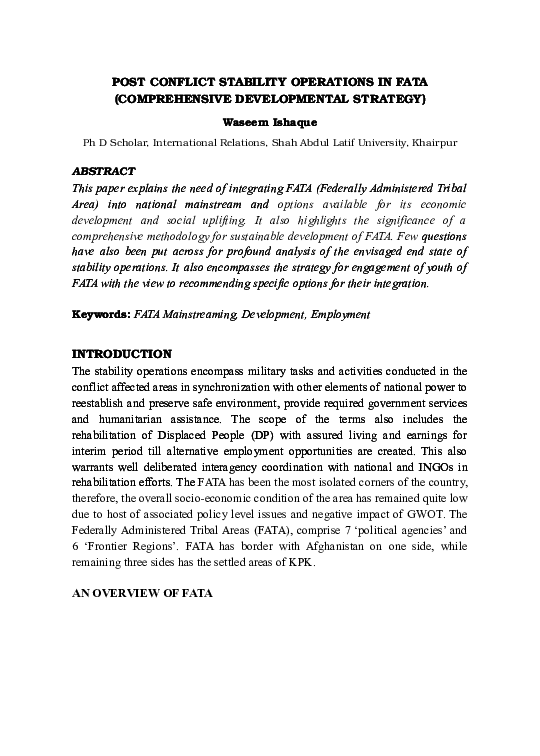 (DOC) POST CONFLICT STABILITY OPERATIONS IN FATA (COMPREHENSIVE ...