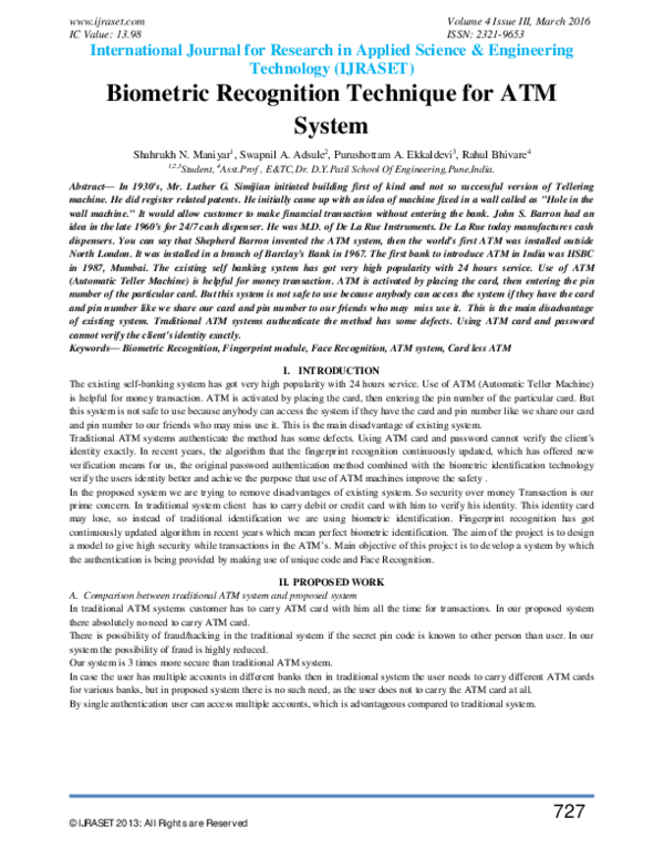 (PDF) Biometric Recognition Technique for ATM System