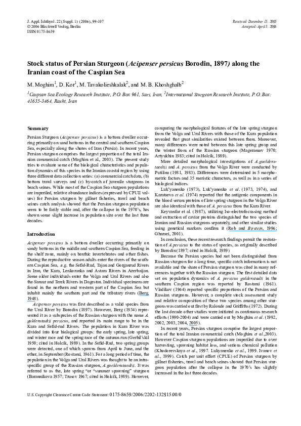 (PDF) Stock status of Persian Sturgeon (Acipenser persicus Borodin ...