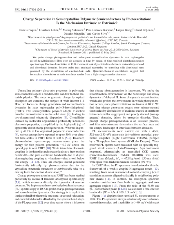 (PDF) Charge Separation in Semicrystalline Polymeric Semiconductors by ...